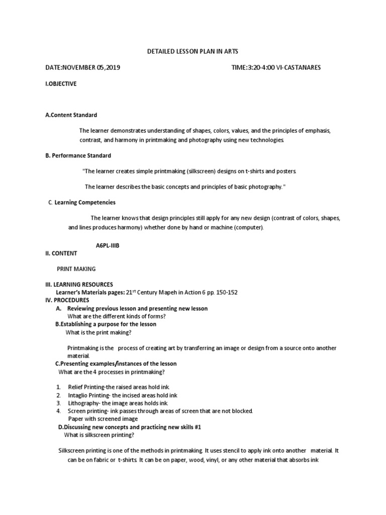 Detailed Lesson Plan in Arts Nov 5 | PDF | Printmaking | Printing