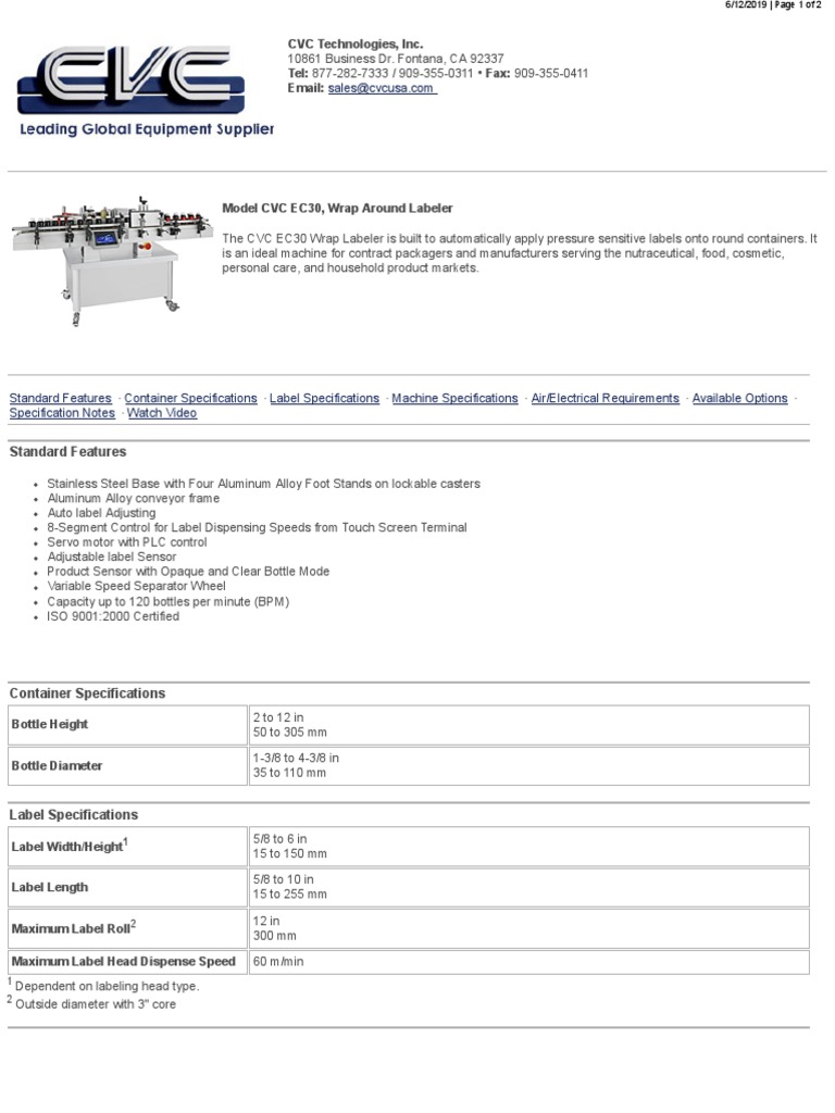 CVC EC30 Labeler Manual Overview | PDF | Packaging And Labeling ...