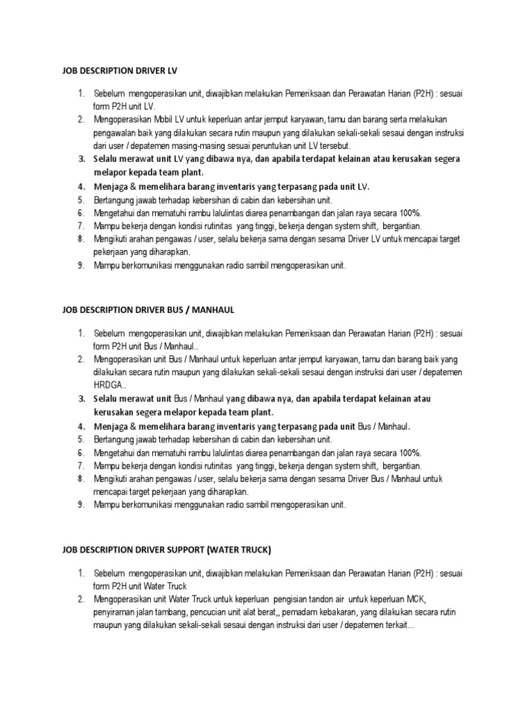 Job Description LV, Bus, Support | PDF