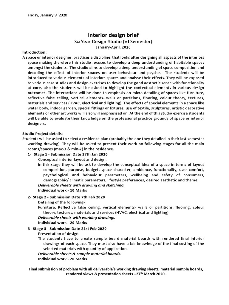 Interior Design - Brief - 6th Sem 2020 | PDF | Interior Design | Lighting