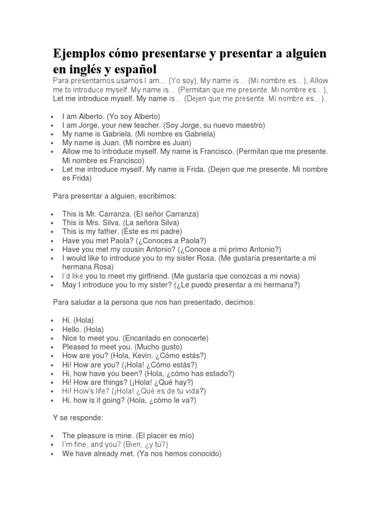 Ejemplos Cómo Presentarse y Presentar A Alguien en Inglés y Español | PDF