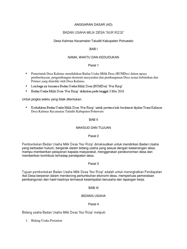ANGGARAN DASAR Dan Anggaran Rumah Tangga BUMDES | PDF