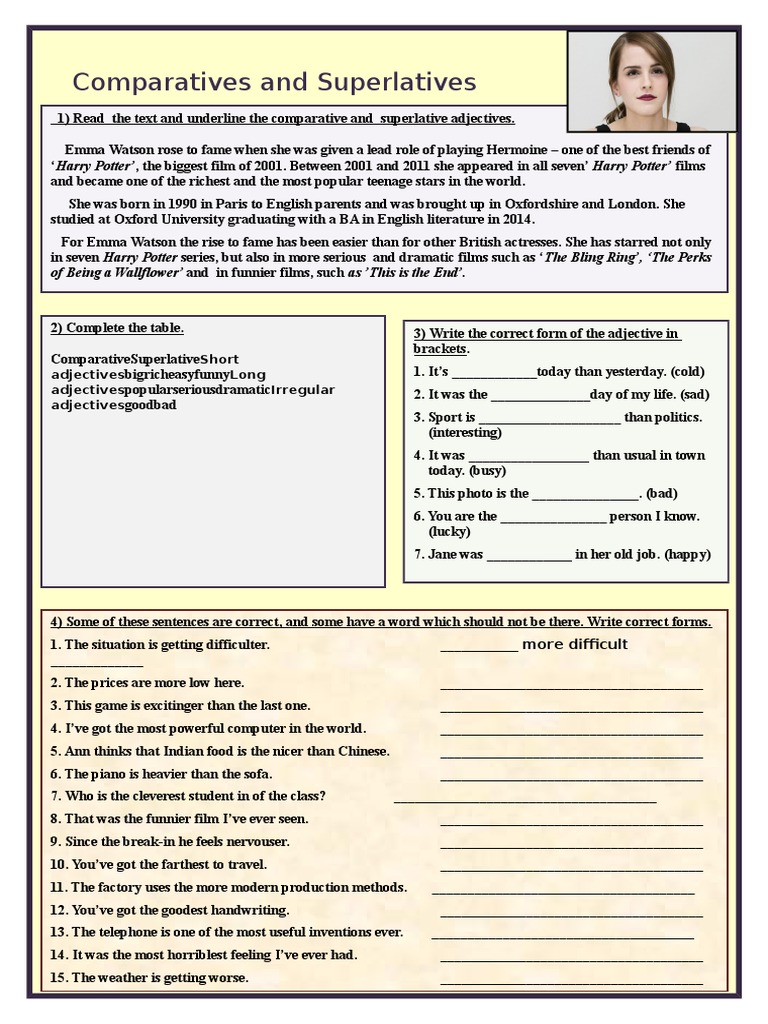 Comparatives and Superlatives Grammar Drills Oneonone Activities ...