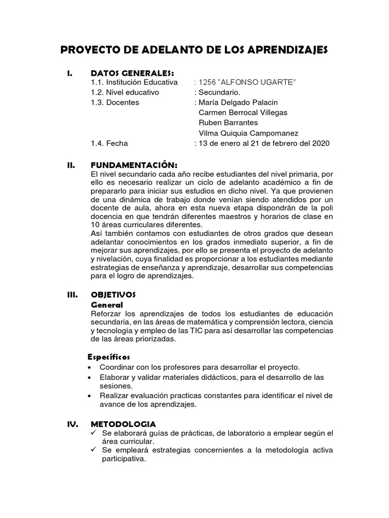 Proyecto de Adelanto y Nivelacion de Los Aprendizajes | PDF | Educación primaria | Evaluación