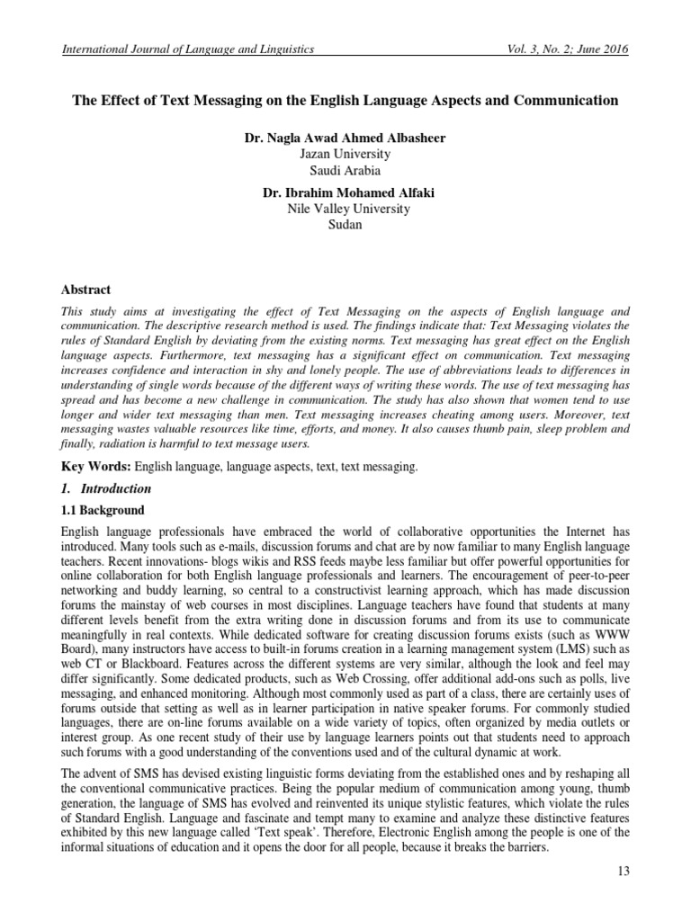 The Effect Of Text Messaging On The English Language Aspects And Communication Pdf Pdf Text