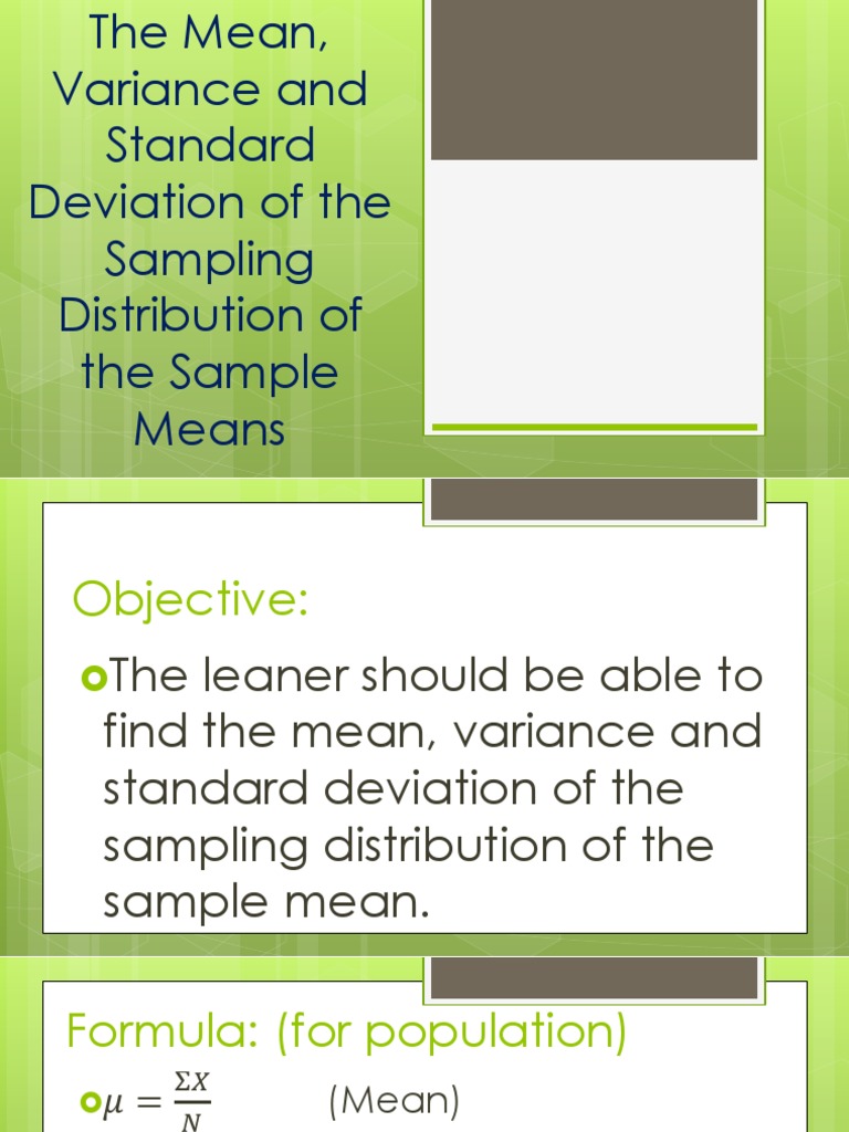 Lesson 11 Mean Variance and Standard Deviation of The Sampling ...