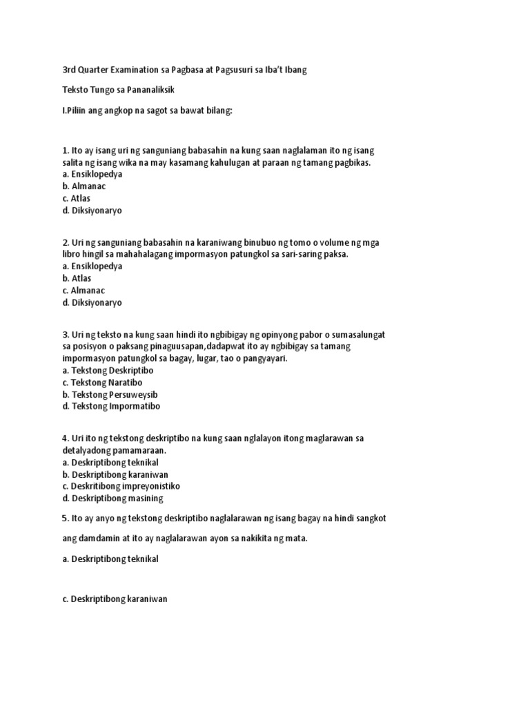 3rd Quarter Examination Sa Pagbasa at Pagsusuri Sa Iba | PDF