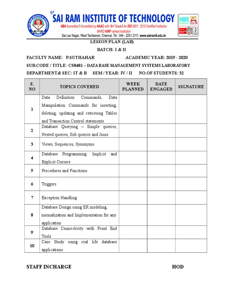 Lab Lesson Plan - DBMS | PDF