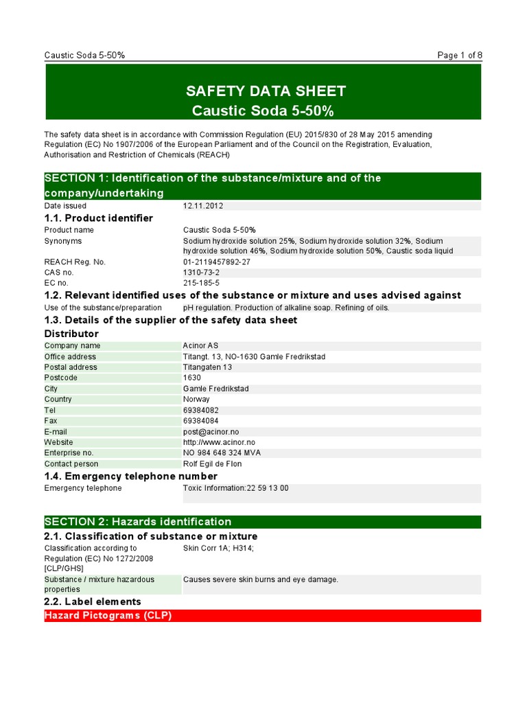 Sikkerhetsdatablad Natronlut 5 50 English | PDF | Safety | Physical ...