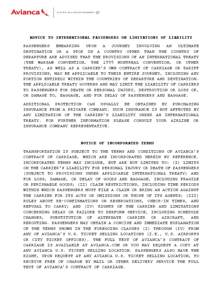 DOT Advice To Passengers On Limitations of Liability | PDF | Airlines ...