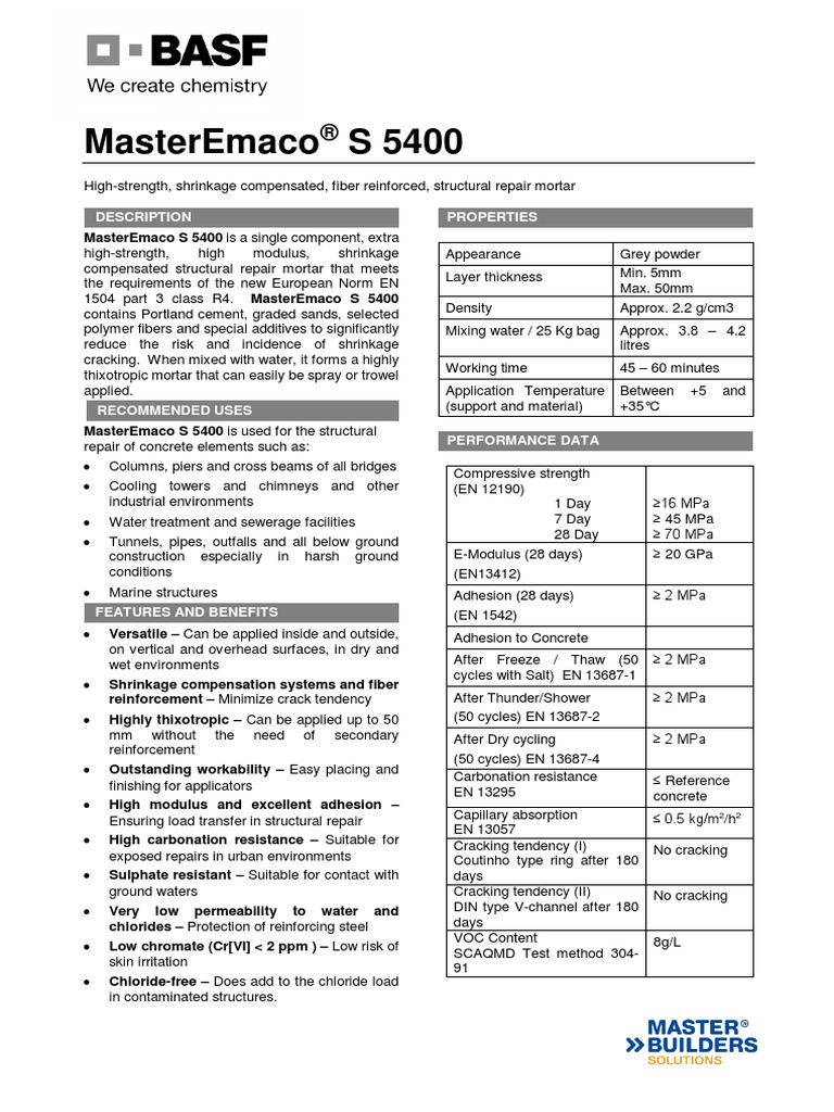 Basf Masteremaco s5400 Tds | PDF | Concrete | Mortar (Masonry)