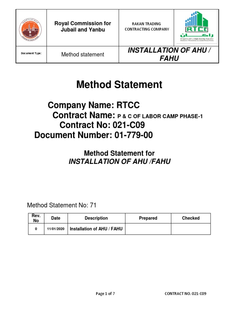 Method Statement For Installation of AHU-FAHU PDF | PDF | Crane (Machine) | Risk