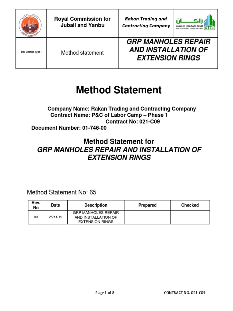 Method Statement GRP MANHOLES REPAIR AND INSTALLATION OF EXTENSION RINGS PDF | PDF | Fiberglass ...