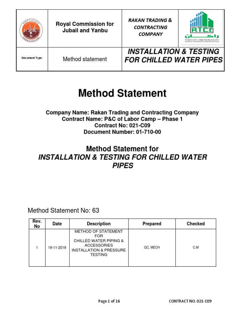 Method Statement For Installation of Chiller Pipe | PDF | Pipe (Fluid ...