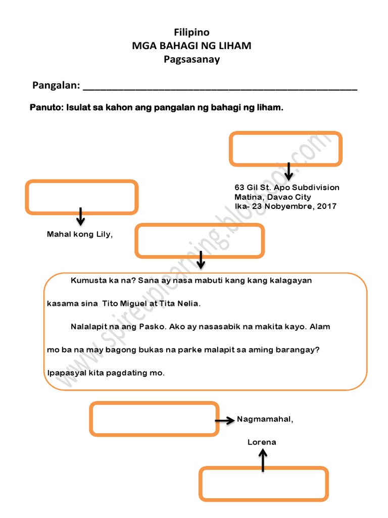 Mga Bahagi NG Liham. - Pagsasanay | PDF