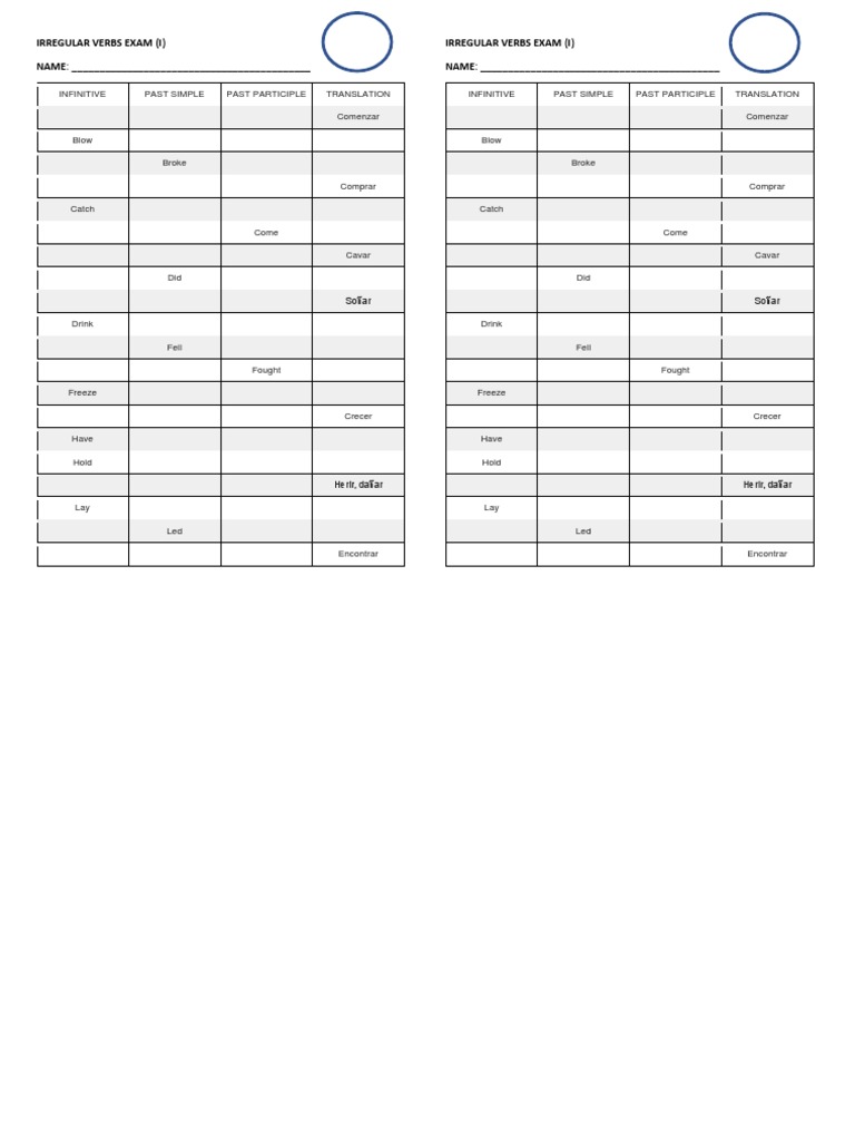 Examen Verbos Irregulares (I) | PDF
