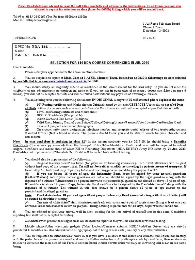 NDA CALL LETTER 1 AFSB 144 NDA Air HQ | PDF | Airman | Identity Document