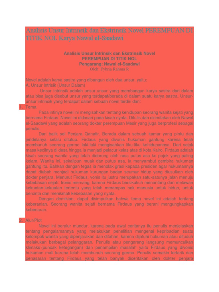 Analisis Unsur Intrinsik Dan Ekstrinsik Novel PEREMPUAN DI TITIK NOL Karya Nawal El | PDF