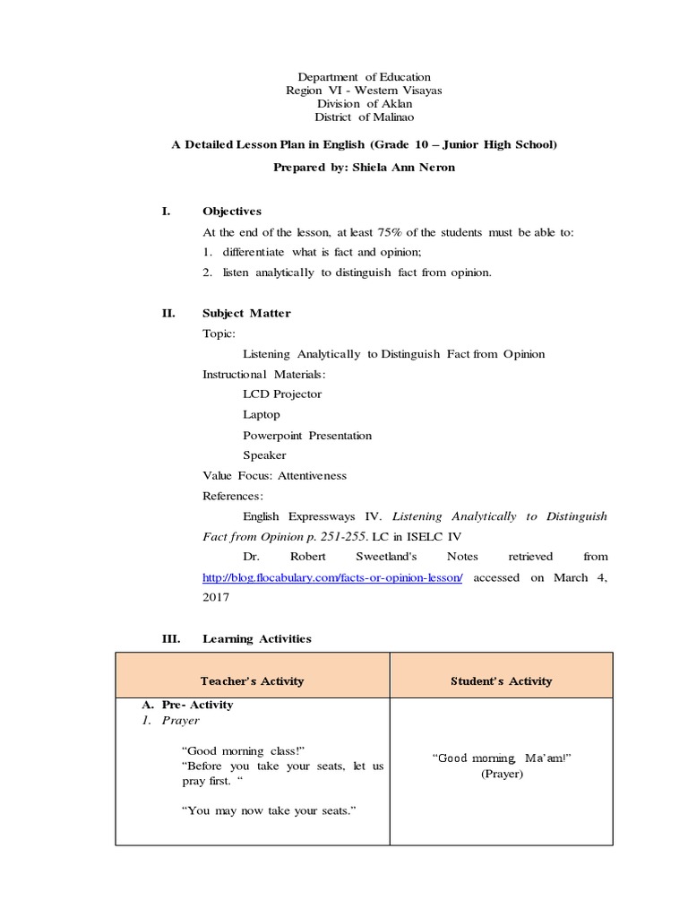 Fact vs. Opinion Lesson Plan | PDF