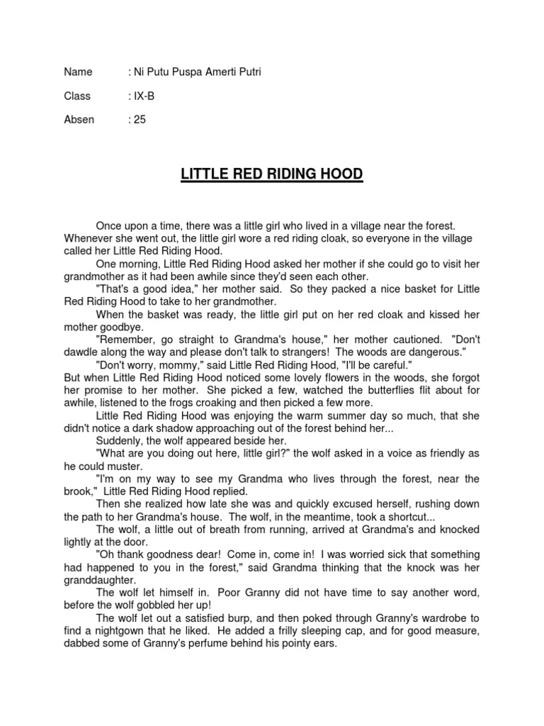 A Summary of 'Little Red Riding Hood' and Its Lessons on Safety | PDF ...