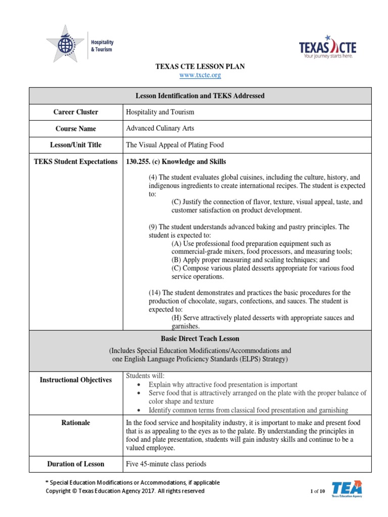 Lesson Plan The Visual Appeal of Plating Food | PDF | Special Education ...