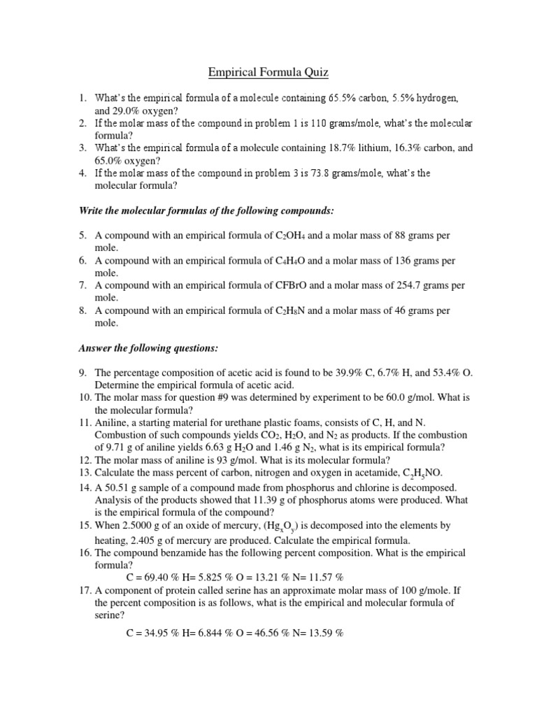 Empirical Formula Quiz | PDF