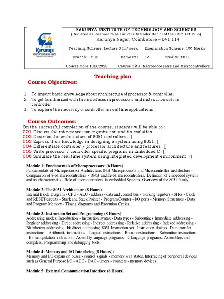 18EC2028 Teaching Plan in Format | PDF | Central Processing Unit ...