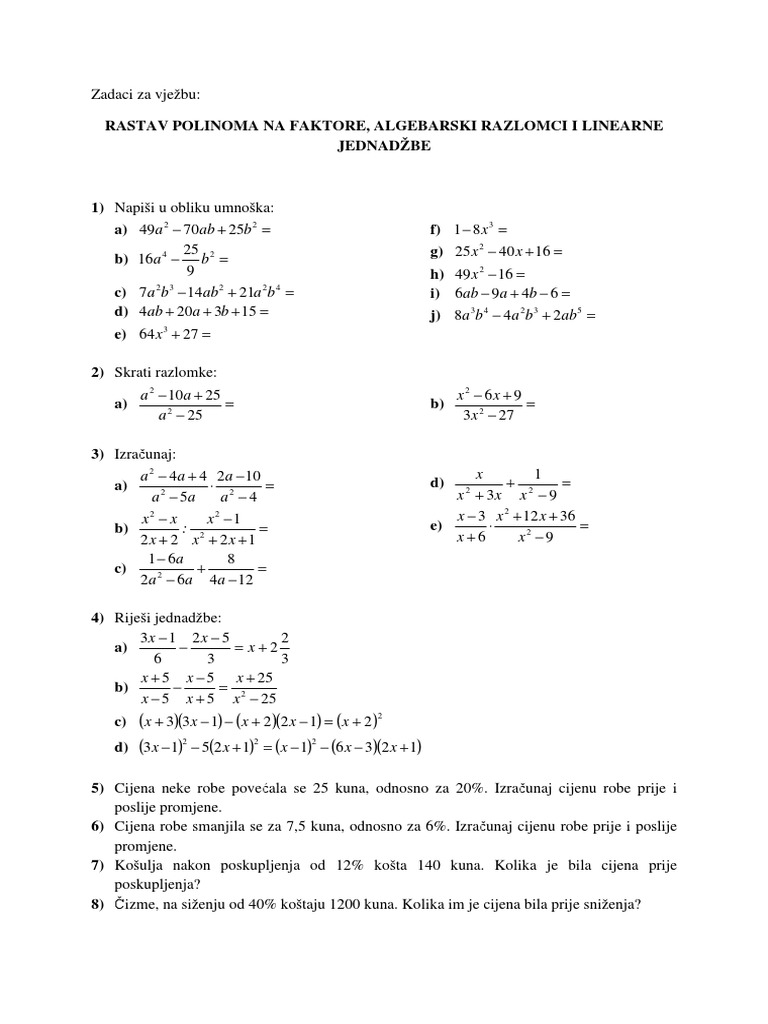 09 Polinomi Algebarski Razlomci Jednadjbe | PDF