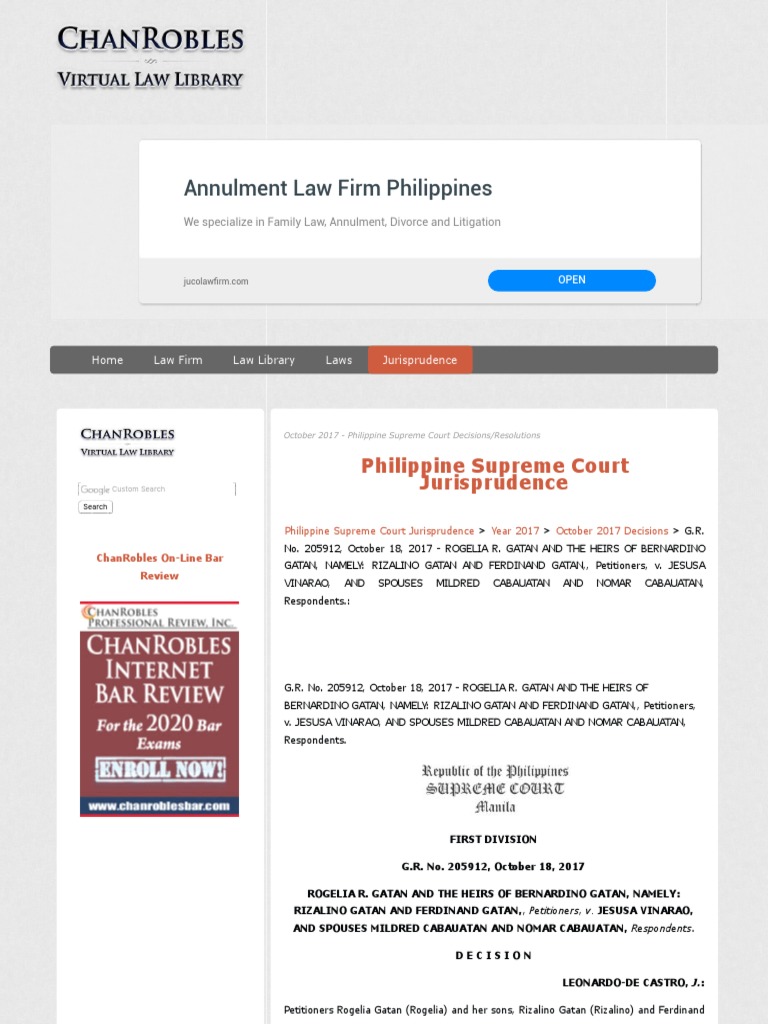 G.R. No. 205912, October 18, 2017 - ROGELIA R. GATAN AND THE HEIRS OF BERNARDINO GATAN, NAMELY ...