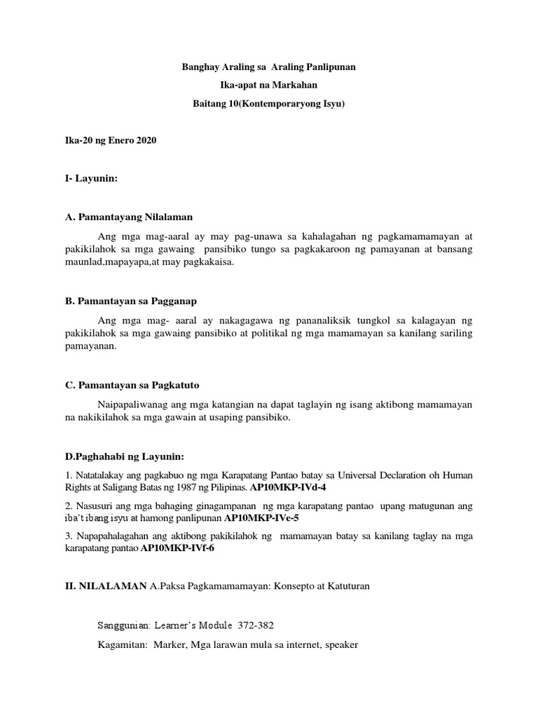 Banghay Araling Sa Araling Panlipunang 4th Grading Grade 10 Aralin 2 Karapatang Pantao | PDF
