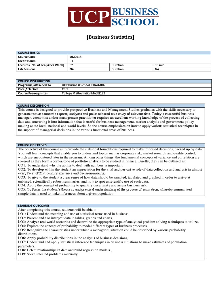 Business Statistics Course Outline | PDF | Probability Distribution ...