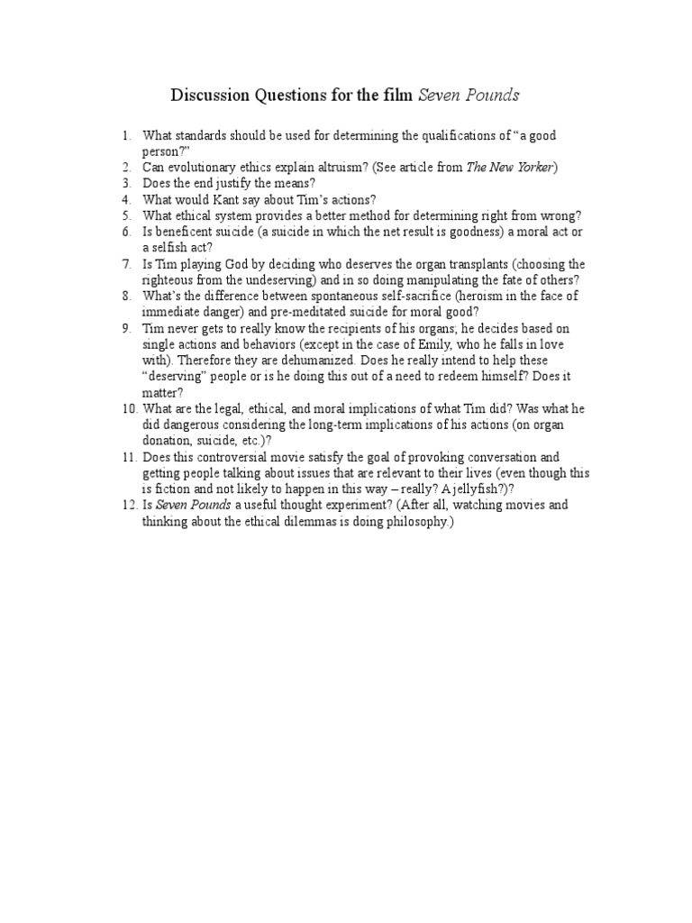 Discussion Questions For The Film Seven Pounds | PDF