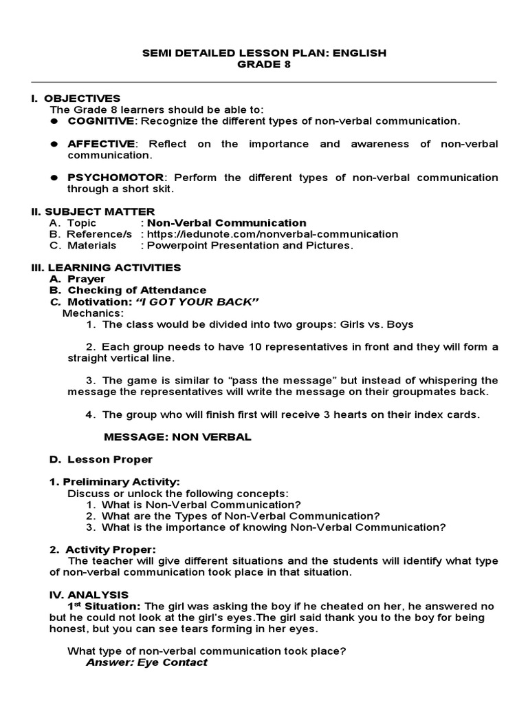 7 Non-VerbalCommunication | PDF | Nonverbal Communication | Lesson Plan