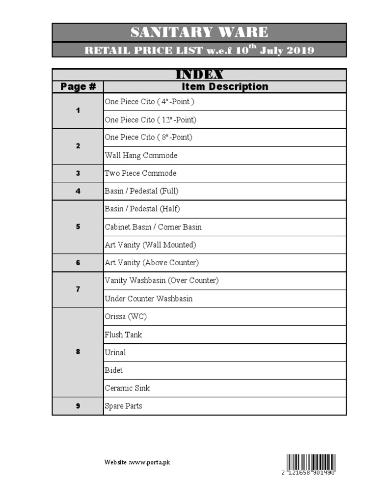 Porta Sanitary Ware Price List | PDF | Tools | Kitchen