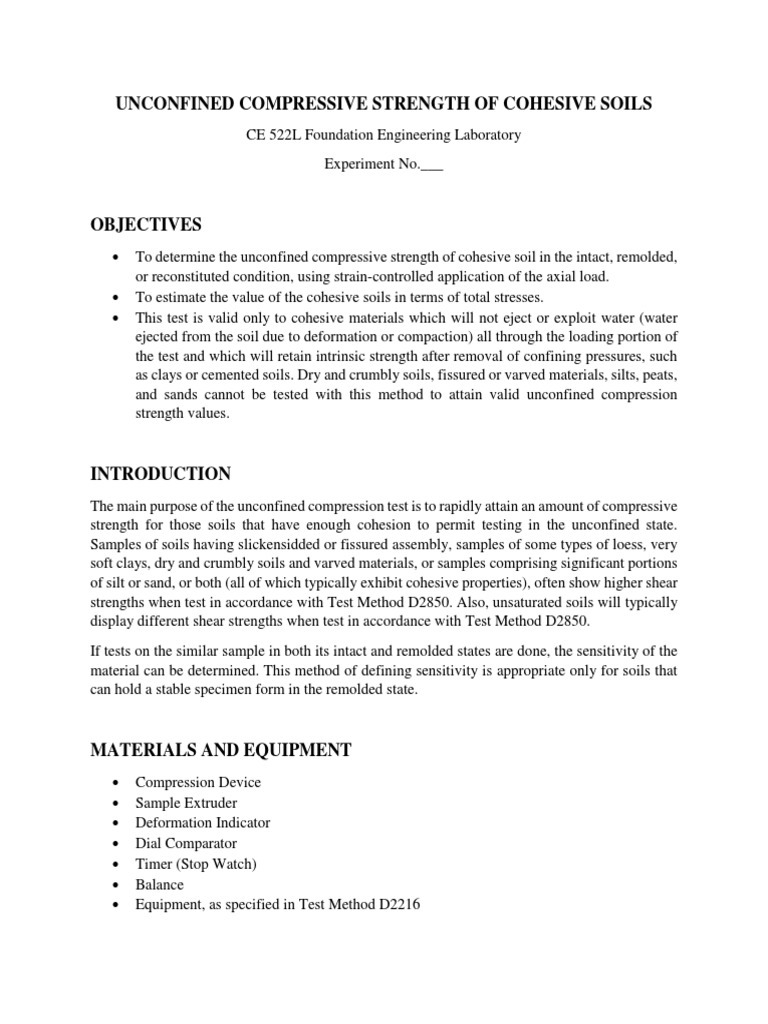 Unconfined Compressive Strength of Cohesive Soils | PDF | Strength Of ...