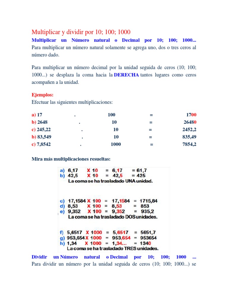 Multiplicación y división por 10, 100, 1000 | PDF