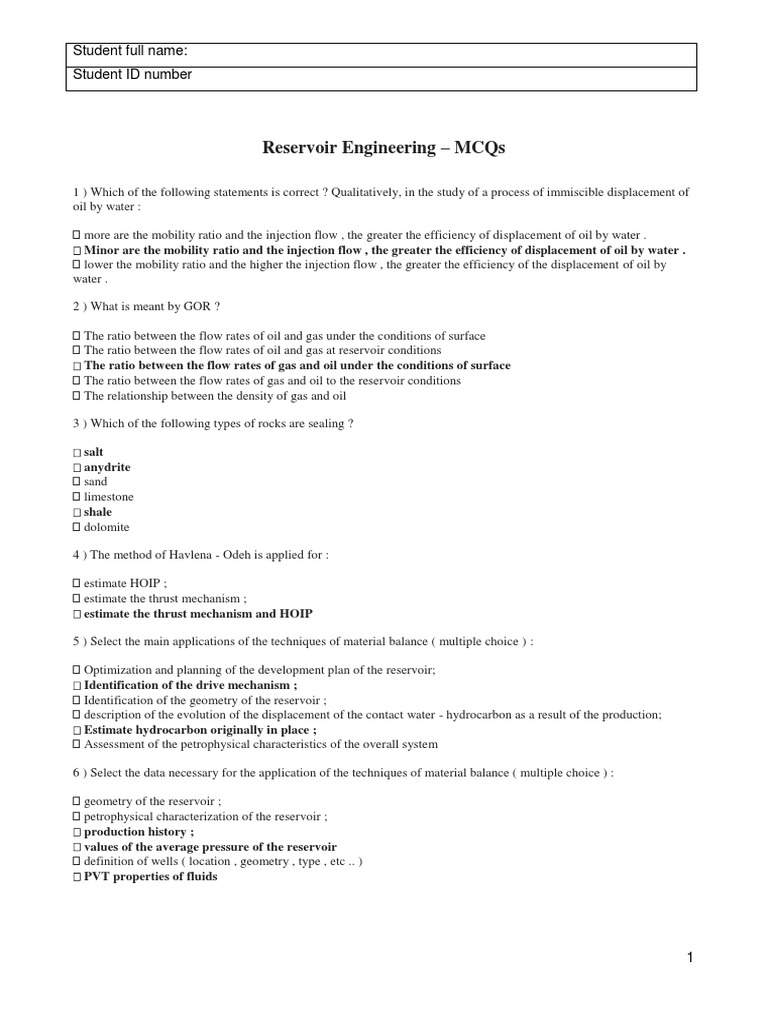 Reservoir Engineering MCQs | PDF | Enhanced Oil Recovery | Petroleum ...
