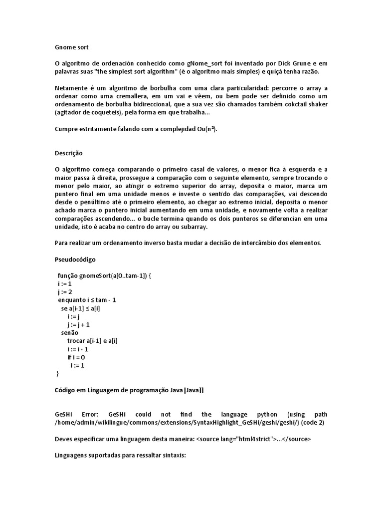 Gnome Sort | PDF | Linguagem de programação | Python (linguagem de ...