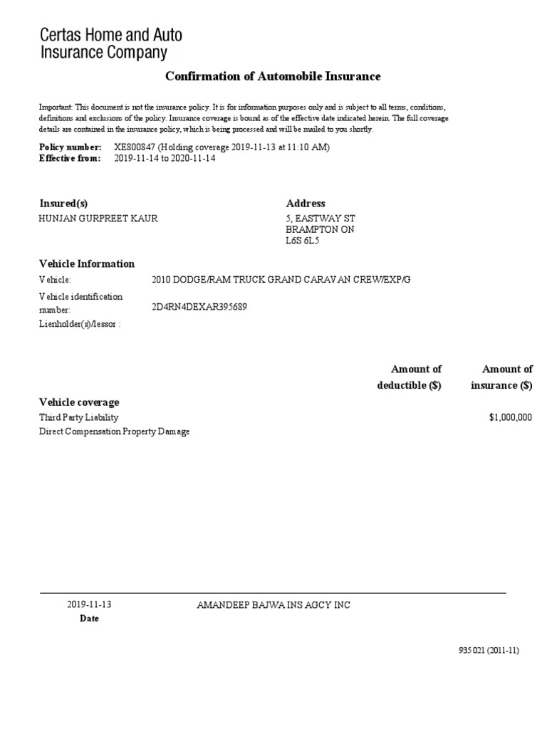 Confirmation of Insurance XE800847 20191113 111109 | PDF