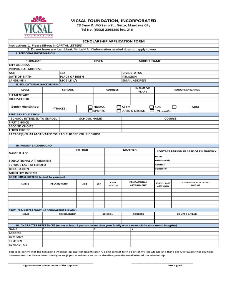 Vicsal Foundation Scholarship Application | PDF | Learning