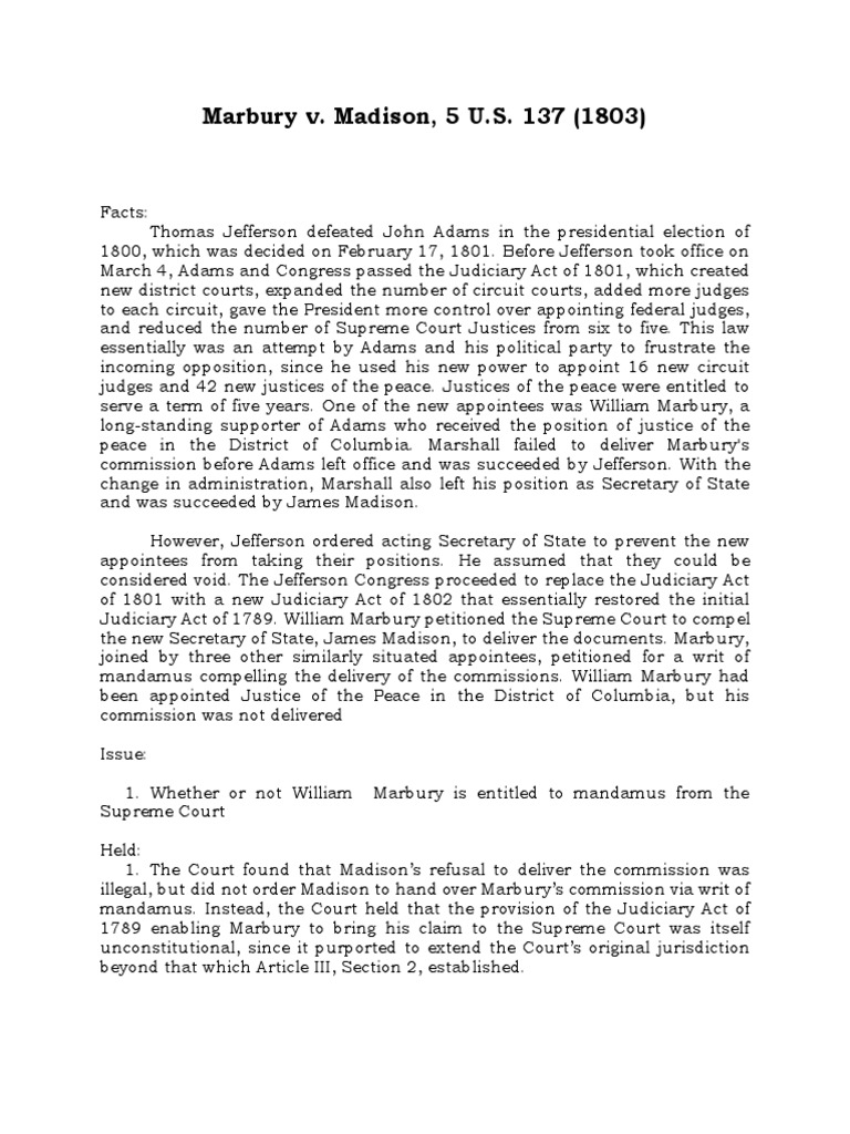 Marbury v. Madison: Judicial Review Established | PDF | Marbury V ...