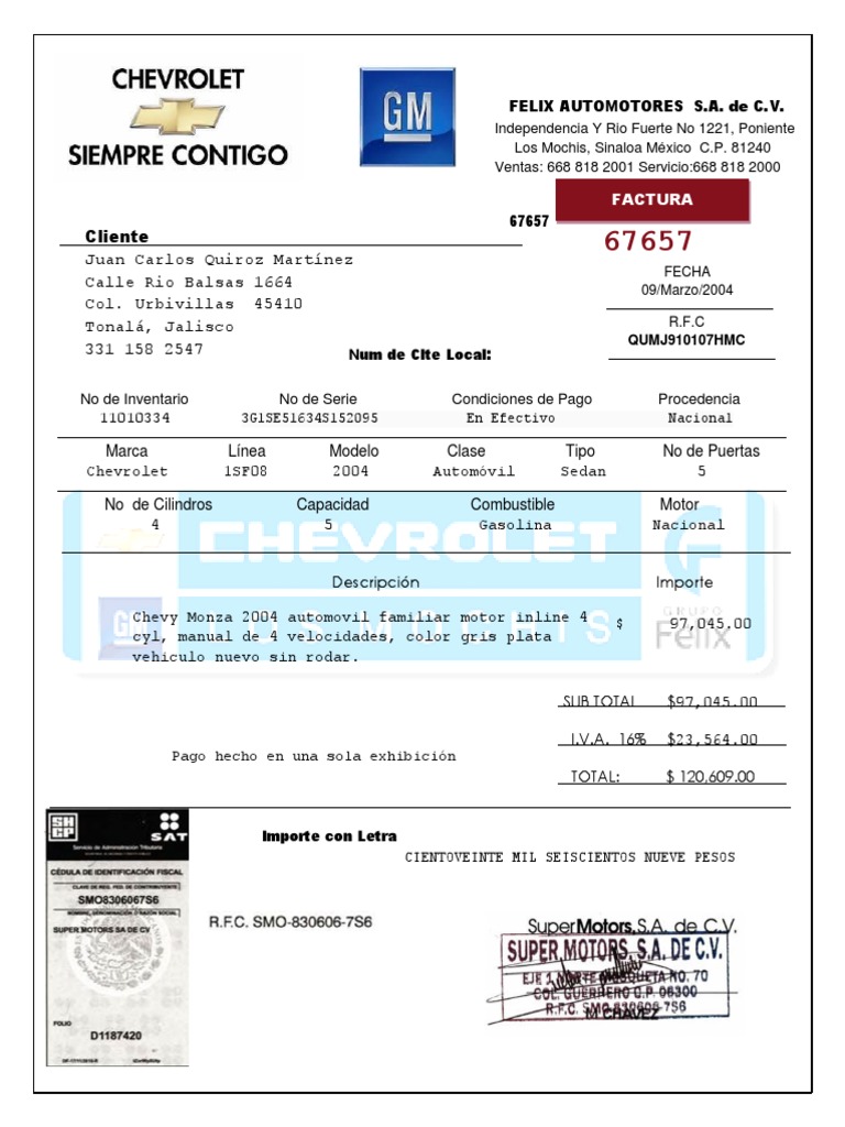 Factura Original Chevrolet 2004 | PDF
