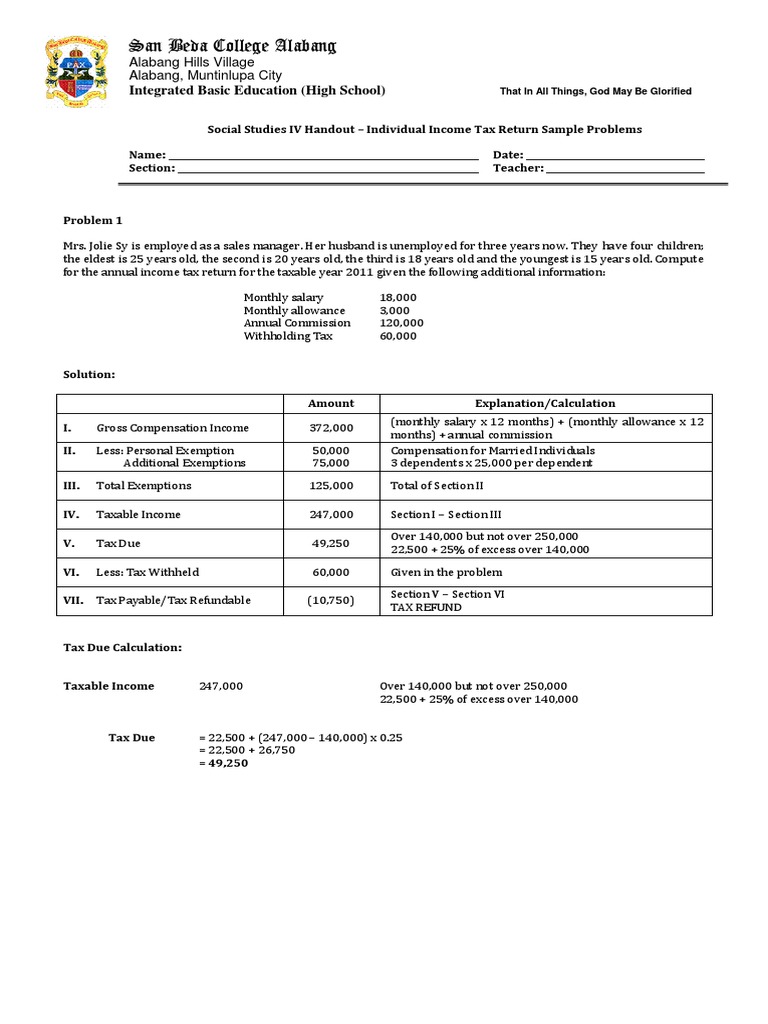 Handout 4Q Philippine Individual Income Tax Return Sample Problems ...