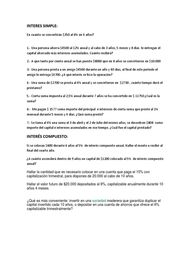 Taller Interes Simple y Compuestos | PDF