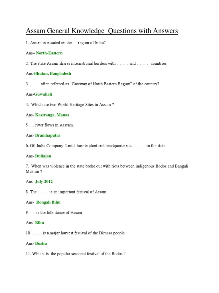 Assam General Knowledge Questions With Answers PDF | PDF