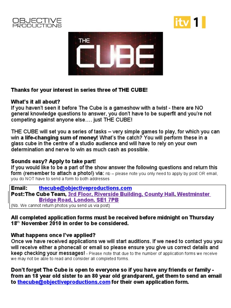 The Cube Application Form Series 3 | Business | Computing And ...