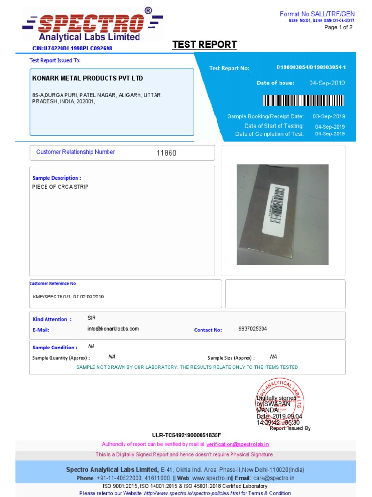 Material Test Certificate | PDF | Transition Metals | Metallic Elements
