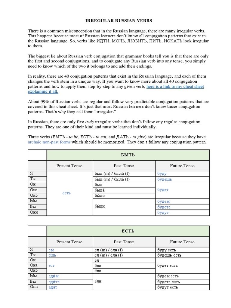 Cheatsheet Irregular Russian Verbs | PDF | Grammatical Tense ...