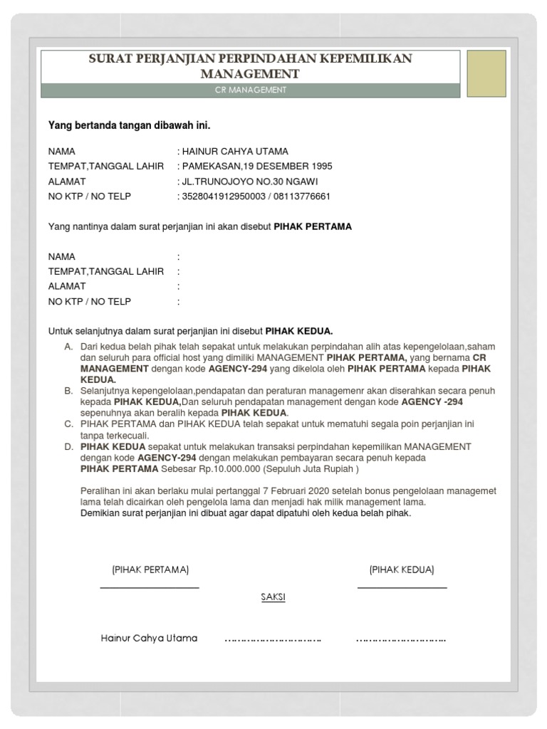 Surat Perjanjian Perpindahan Saham Management | PDF
