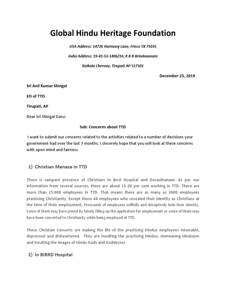 Letter To Chairman and EO of TTD Dec 2019 | PDF | Religion And Belief